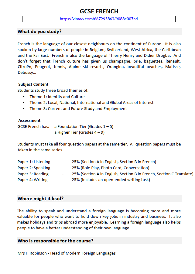 Chew Valley School - KS4 French